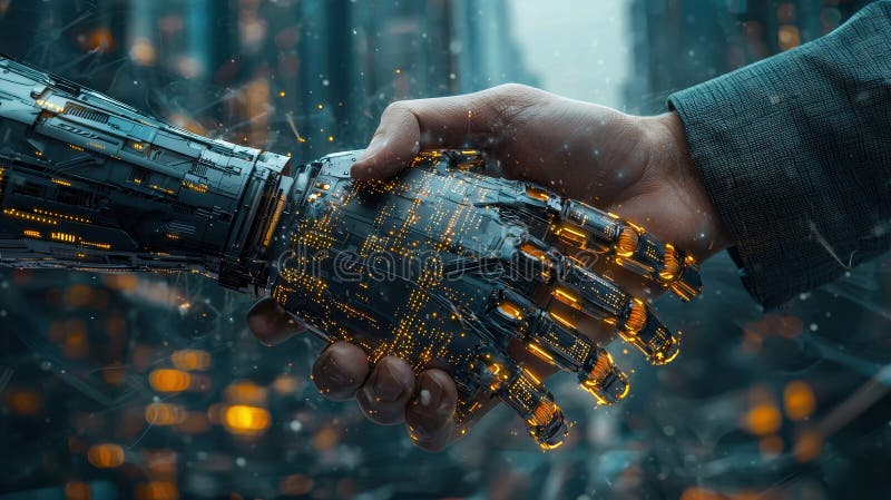 Robotic and Human Hands Shaking in a Futuristic Setting Symbolizing ...
