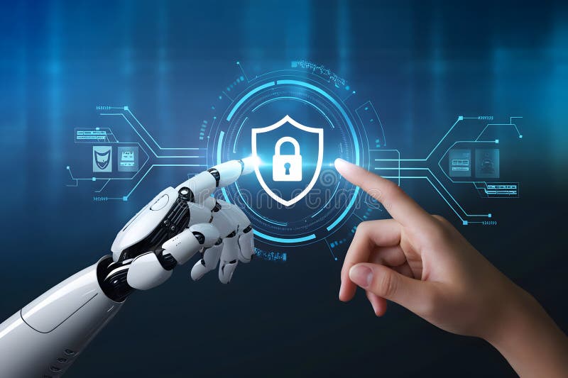 Robotic and Human Hands Touch a Holographic Shield Icon with a Lock ...