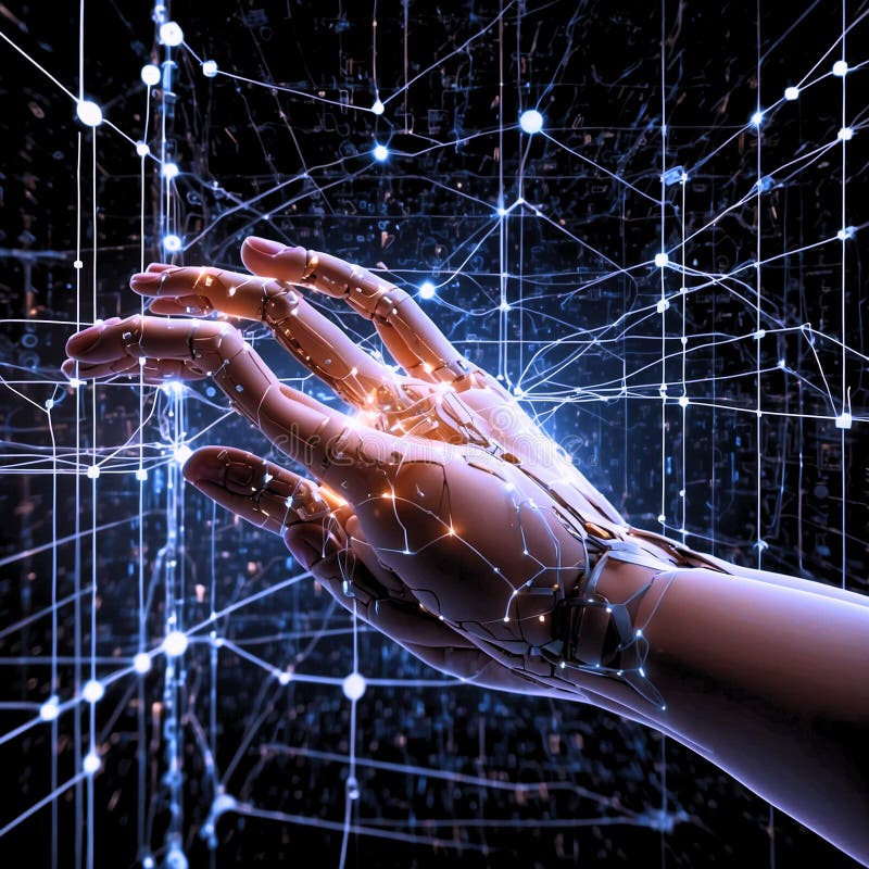 Robotic and Human Hands Touching a Big Data Network Connection ...