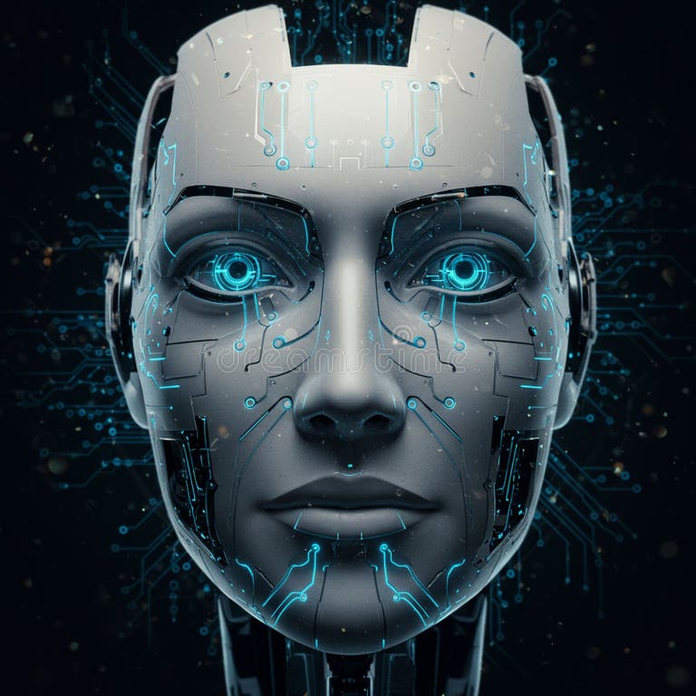 Robotic Humanoid Face with Metallic Textures and Illuminated Blue ...