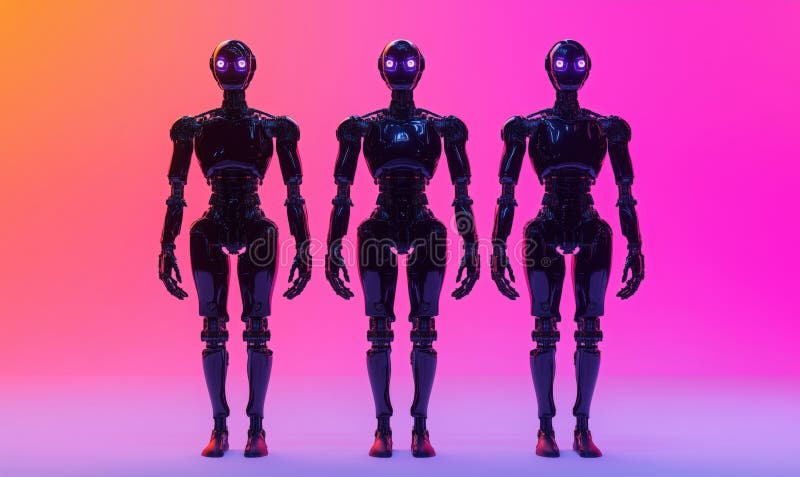 Robotic Humanoid Figures with Glowing Eyes, Three Sleek Black Robots ...