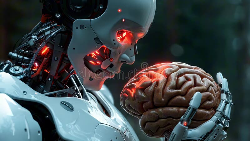 Robotic Humanoid Holding Human Brain. Connection between Artificial ... Robotic Humanoid Holding Human Brain. Connection between Artificial ...