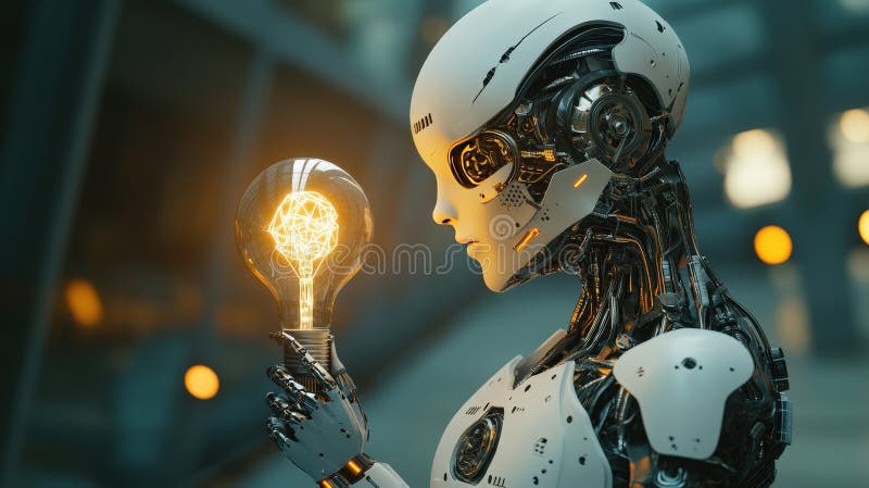 Robotic Humanoid Holding Illuminated Lightbulb in Modern Setting Stock ...