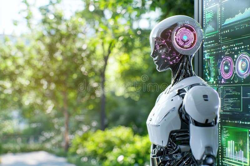 Robotic Humanoid Standing in Front of an Advanced Stock Market Display ...