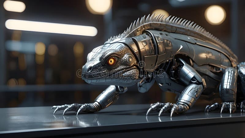 Robotic Iguana with Sleek Metallic Design and Glowing Eyes Stock ...