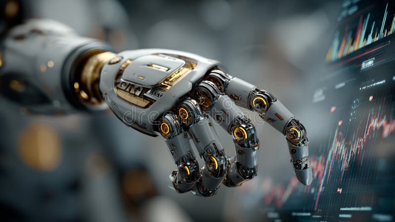 Robotic Innovation. Futuristic Robotic Hand Interacts with Digital Data ...
