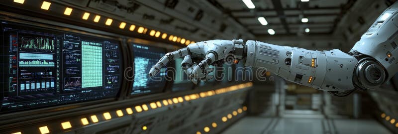 Robotic Interface Interacts with Futuristic Displays Stock Illustration ...