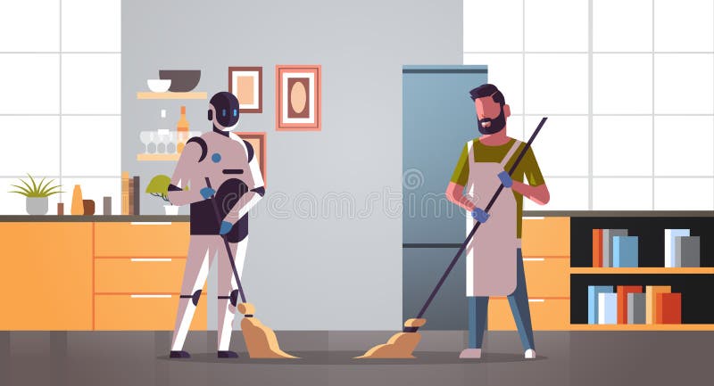 Robotic Janitor with Mix Race Women Cleaners Standing Together Cleaning ...