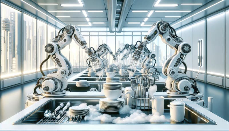 Robotic Arms Washing Dishes in a Modern Kitchen Stock Illustration ...