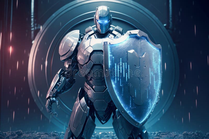 Robotic Knight with Shield Defending in Futuristic Matrix Cyberspace ...