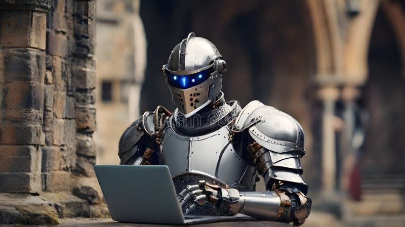 A Robotic Knight Working on Laptop, AI Latest Technology, AI Generated ...