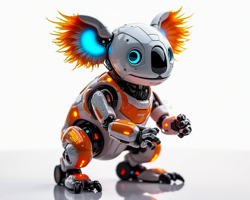 A Robotic Koala Stands on Its Hind Legs, Showcasing Bright Blue and ...