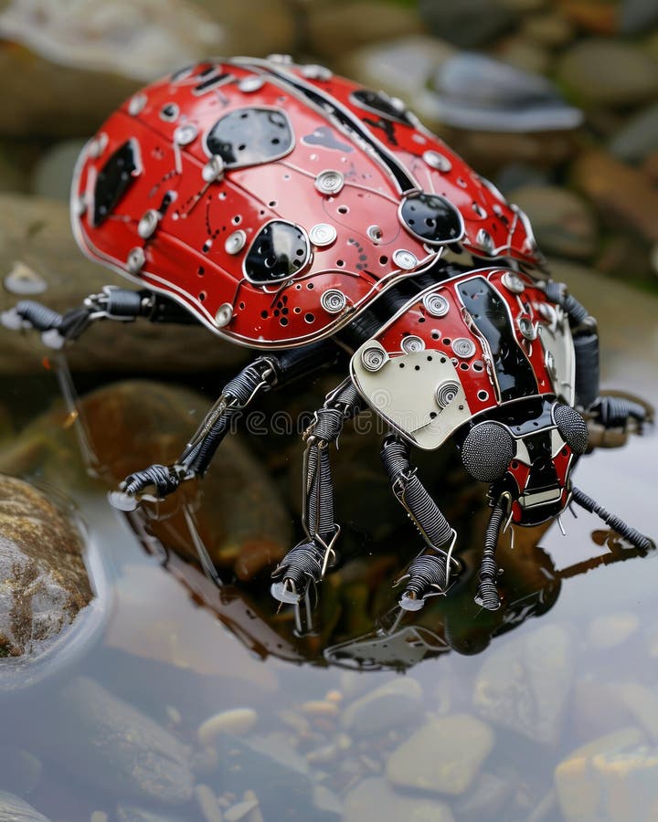 Robotic Ladybug Sculpture on Pebble Surface Reflecting in Water after ...