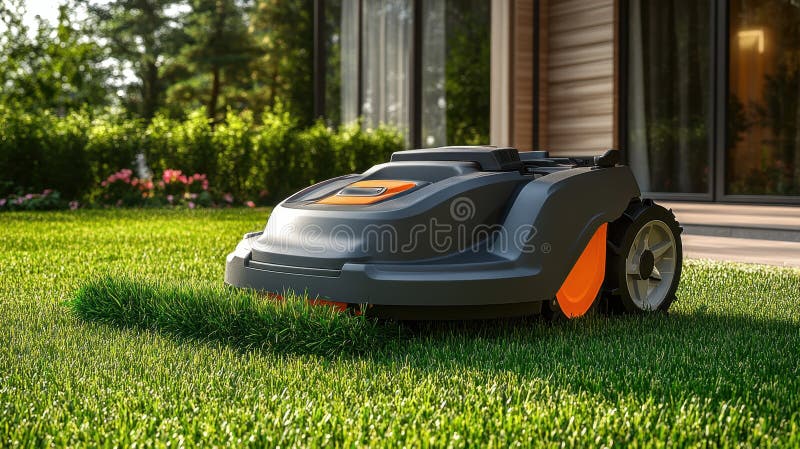 A Robotic Lawn Mower Mows the Grass in the Garden on the Background of ...