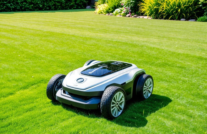 Lawn Robot in Grass Yard stock photo. Image of grass - 341289990
