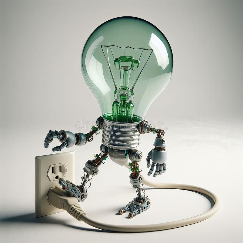 Robotic Lightbulb Character Plugging in Stock Illustration ...