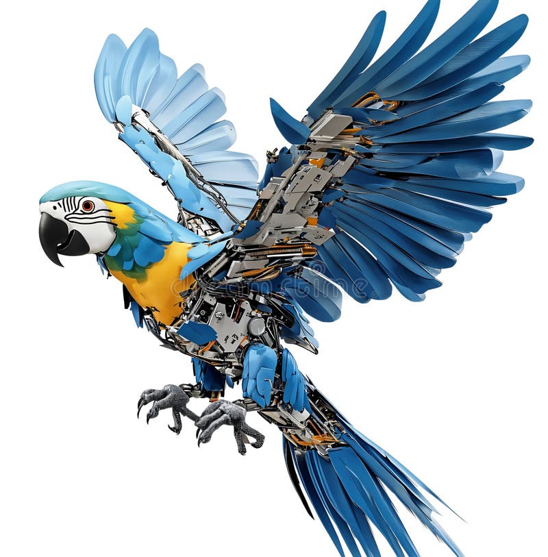 Robotic Macaw Parrot in Flight Isolated on White Stock Illustration ...