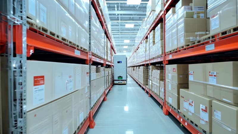 A Robotic Machine Navigating a Narrow Warehouse Aisle with Stacks of ...