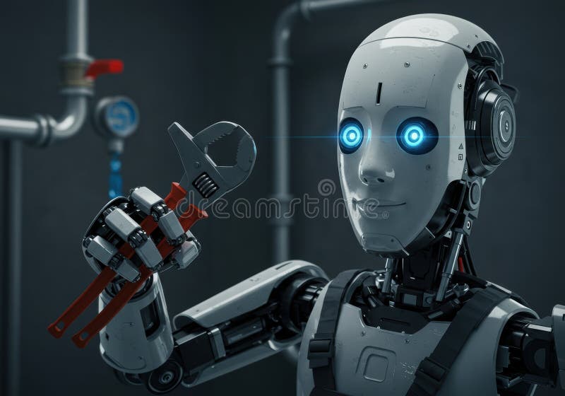 Robotic Maintenance: Humanoid Robot with Wrench in Futuristic Workshop ...