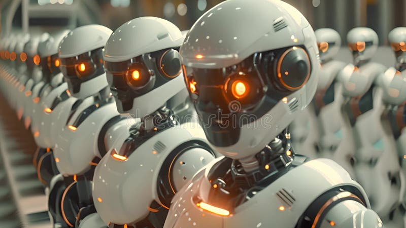 Robotic Manufacturing: Rows of Automated Models in Motion. Stock ...