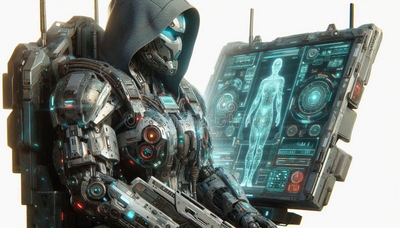 Robotic Mech Pilot Ready for Launch with Holographic Control Panel ...