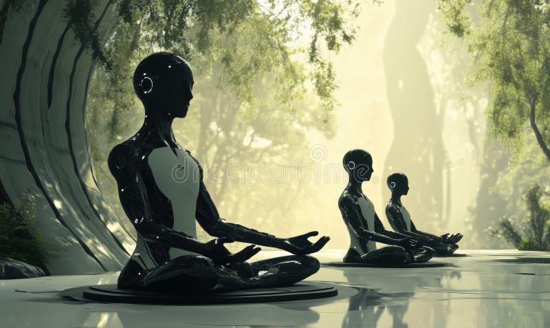 Robotic Meditation in Serene Forest Setting, Three Humanoid Robots in ...