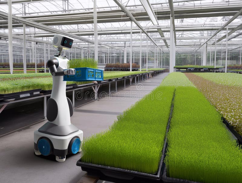 A Robot Holds a Sample of a New Batch of Microgreens in a Greenhouse on ...