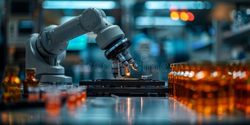 Robotic Microscope Arm Analyzing Samples in a High-tech Laboratory ...