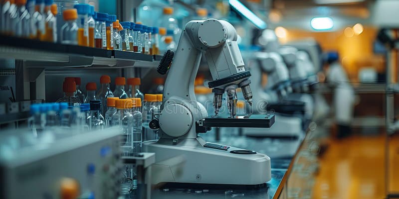 Robotic Microscope in a Laboratory with Bottles and Scientific ...