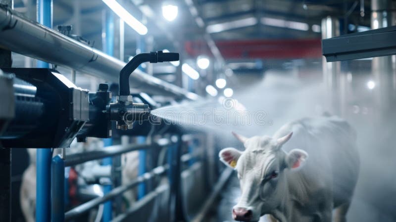 A Robotic Milking Machine Spraying a Mist of Cool Water on a Cows Udder ...