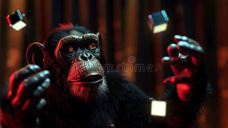A Robotic Monkey Juggles Glowing Cubes Under Circus Lights, Showing Off ...