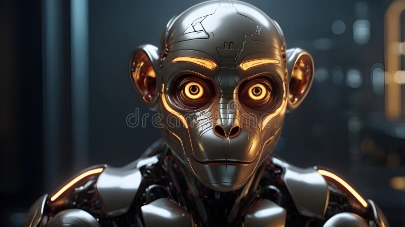 Robotic Monkey with a Sleek Metallic Design, Glowing Eyes, Stock ...