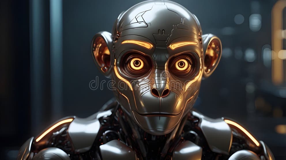 Robotic Monkey with a Sleek Metallic Design, Glowing Eyes, Stock ...