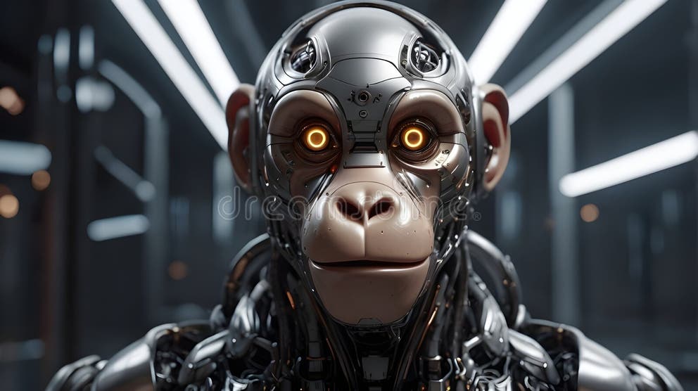 Robotic Monkey with a Sleek Metallic Design, Glowing Eyes, Stock ...