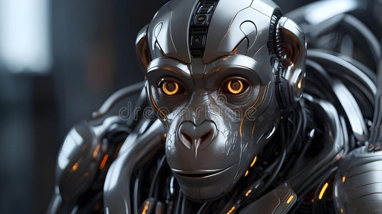 Robotic Monkey with a Sleek Metallic Design, Glowing Eyes, Stock ...