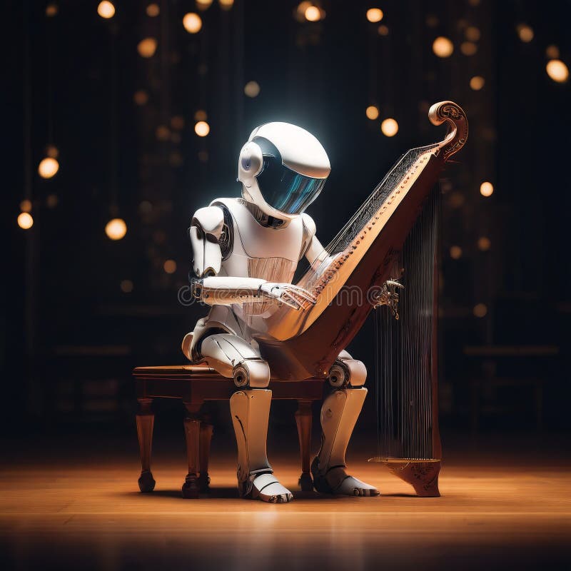 Robotic Musician Playing a Harp Under Dramatic Lighting Stock Image ...