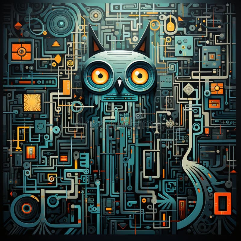 Robotic Owl Surrounded by a Variety of Technological Shapes and Objects ...