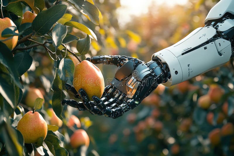 Robotic Fruit Picker Harvesting Pears in a Sunlit Orchard. Generative ...