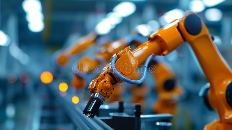 A Modern Manufacturing Plant Featuring Advanced Robotic Arms and Automated Systems Working in a ...