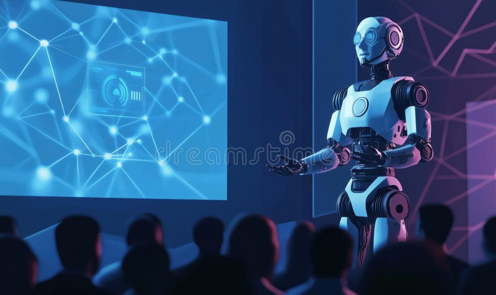 Robotic Presenter Delivering a Technology Presentation in a Futuristic ...
