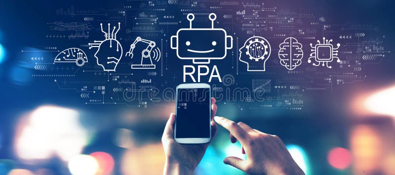 Robotic Process Automation Theme with a Smartphone in City Lights at ...