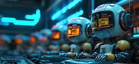 Robotic Programmers Working in Futuristic Tech Environment with Neon ...