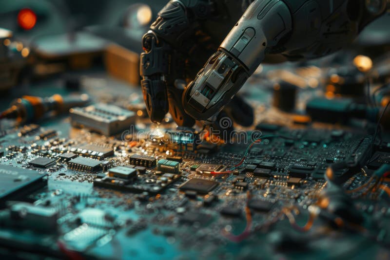 Robotic Prosthetic Hand Assembling Electronic Components Demonstrating Technological Precision ...