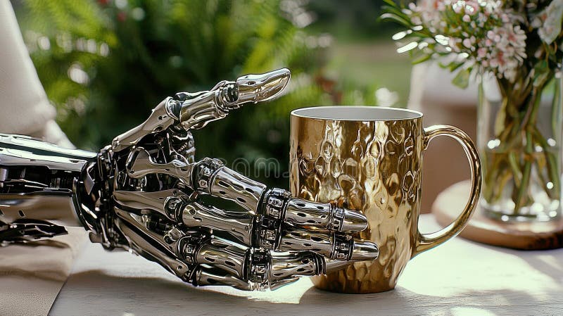 Robotic Prosthetic Hand Gently Gripping a Coffee Mug on a Stock Image ...