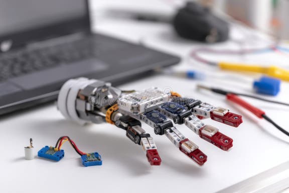 Robotic Prosthetic Hand Prototype with Wires and Components on Desk ...