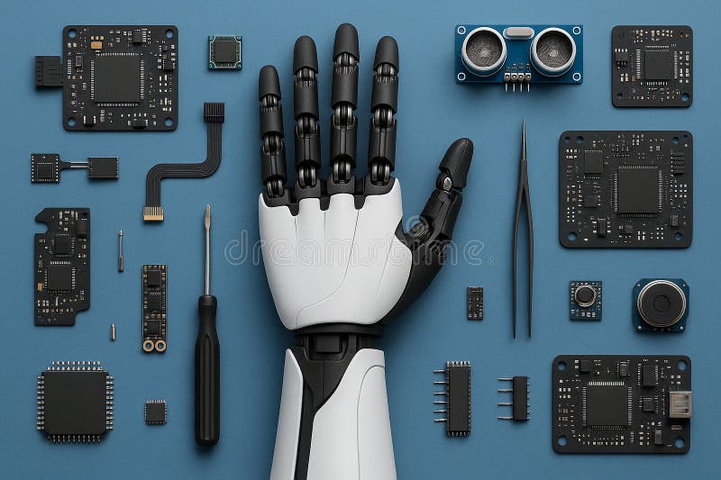 Robotic Prosthetic Limb and Bionic Arm Toolkit Flat Lay in Cool Blue ...