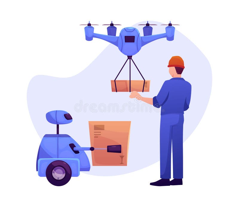 Robotic Quadcopter Delivers Post Package To Warehouse Worker, Vector ...