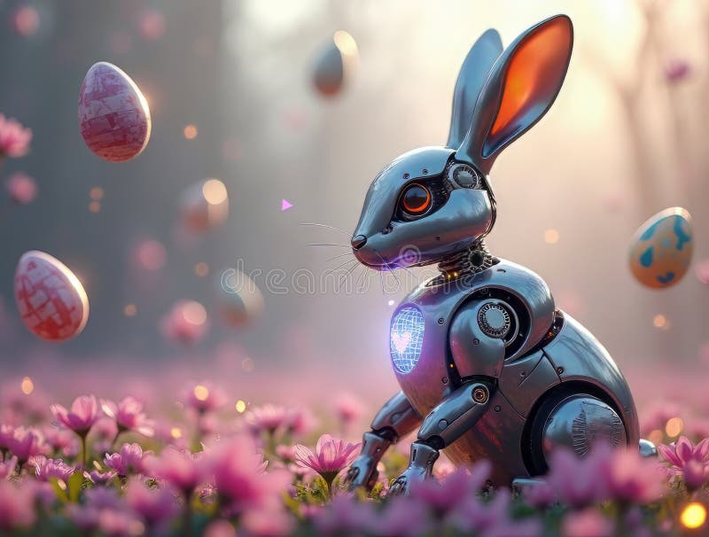 A Robotic Rabbit in a Dreamy Spring Meadow, Surrounded by Floating Neon ...