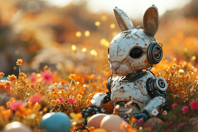 A Robotic Rabbit Exoskeleton Surrounded by Multicolored Eggs and ...