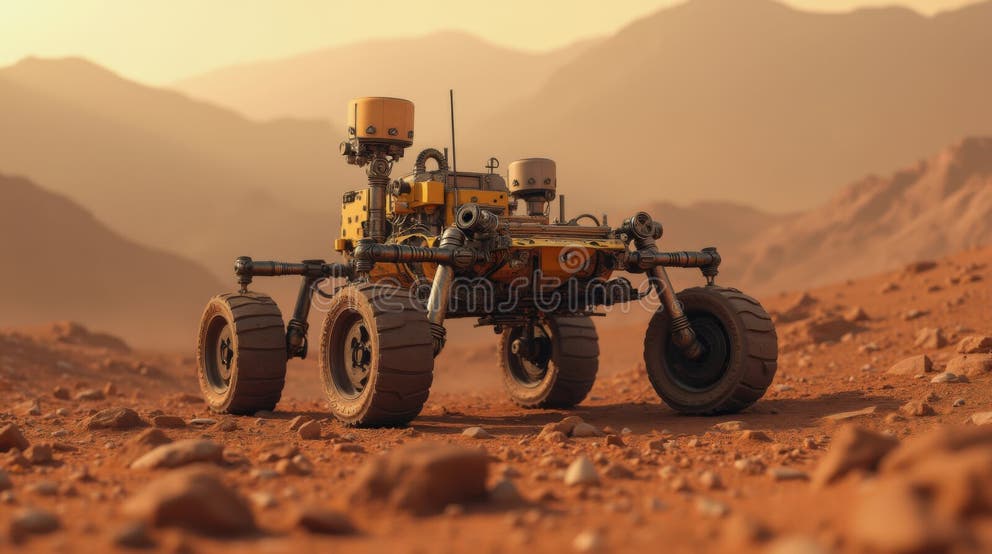 A Robotic Rover Navigates the Rugged Surface of Mars As the Sun Sets ...